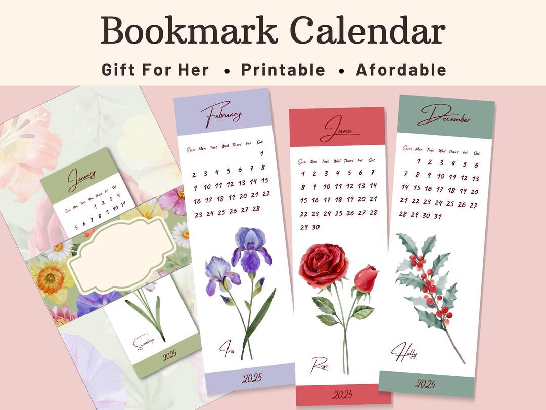 Printable Calendar Bookmark for Her, Birth Flowers Digital Bookmark ...