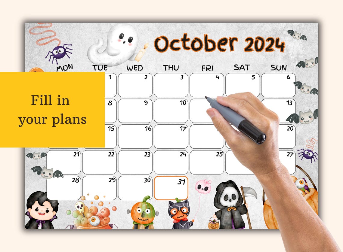 Editable October 2024 Calendar, Cute Halloween Printable Editable ...