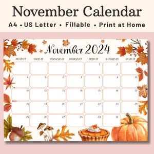 Editable November 2024 Calendar, Fall Leaves, Autumn Printable Editable ...