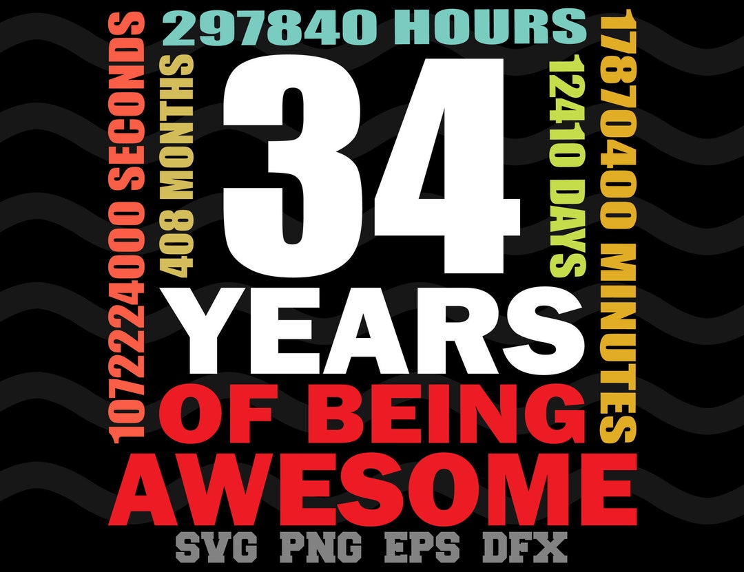 34th Birthday SVG 34 Years of Being Awesome Happy Birthday Design ...