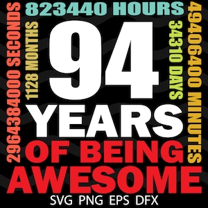 94th Birthday SVG 94years of Being Awesome Happy Birthday Design ...