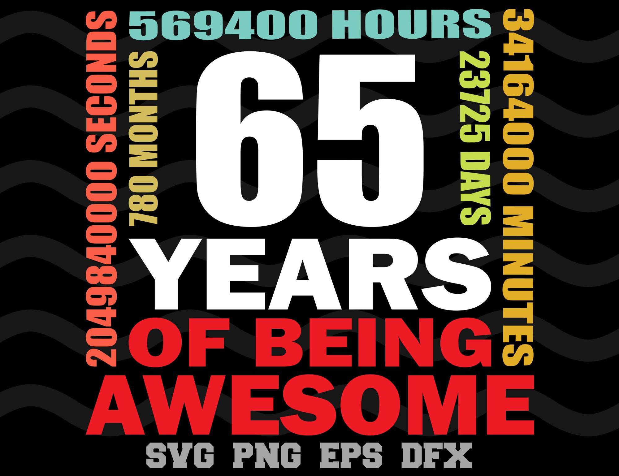 65th Birthday SVG 65 Years of Being Awesome Happy Birthday Design ...
