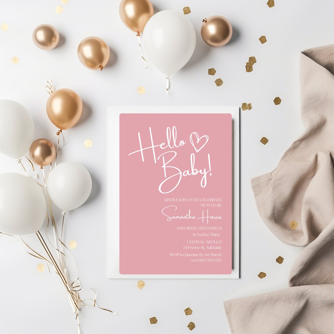 Hello Baby Pink Baby Shower Invitation Template, INSTANT DOWNLOAD Boho ...