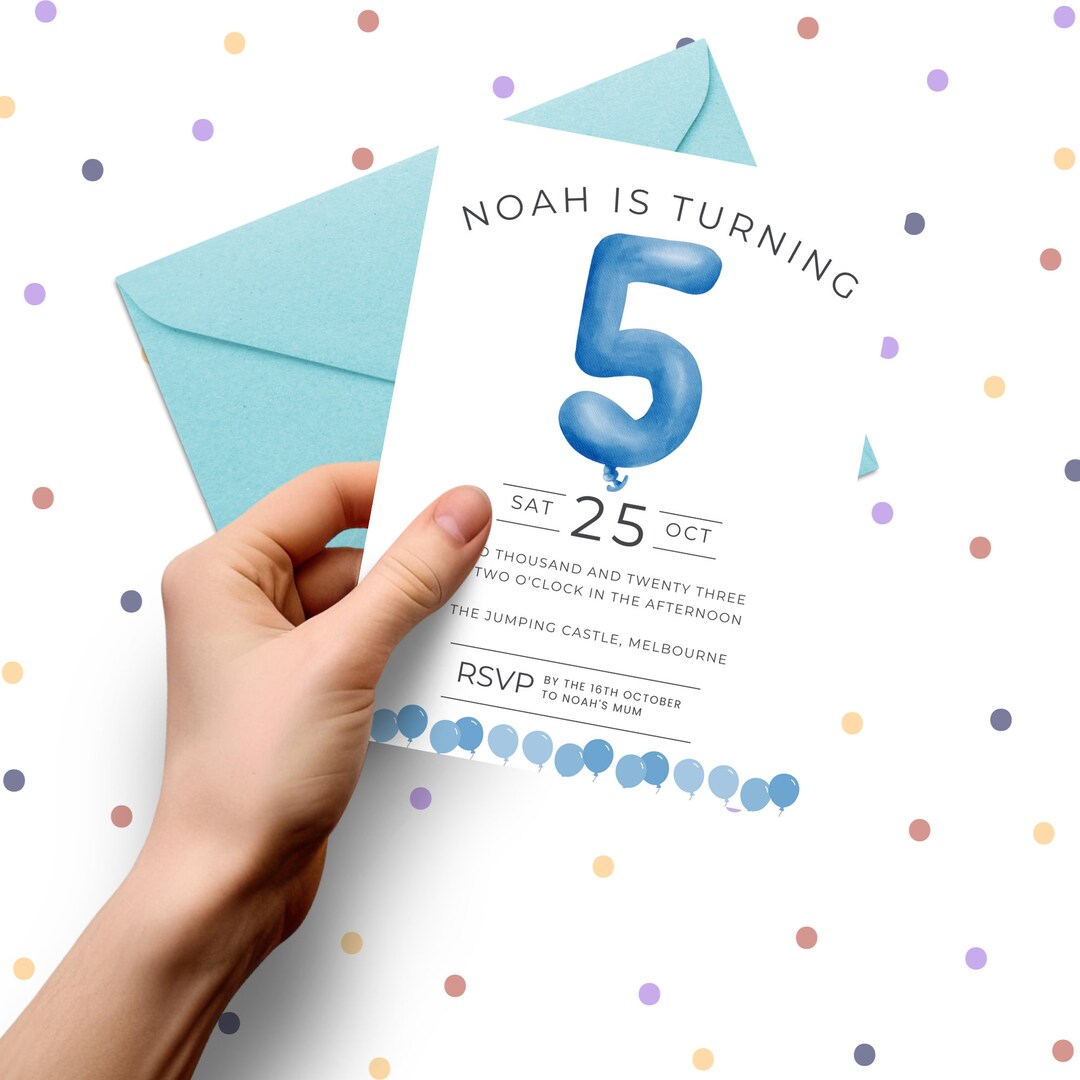 Blue 5th Birthday Invitation, INSTANT DOWNLOAD, Fifth Birthday Invite ...