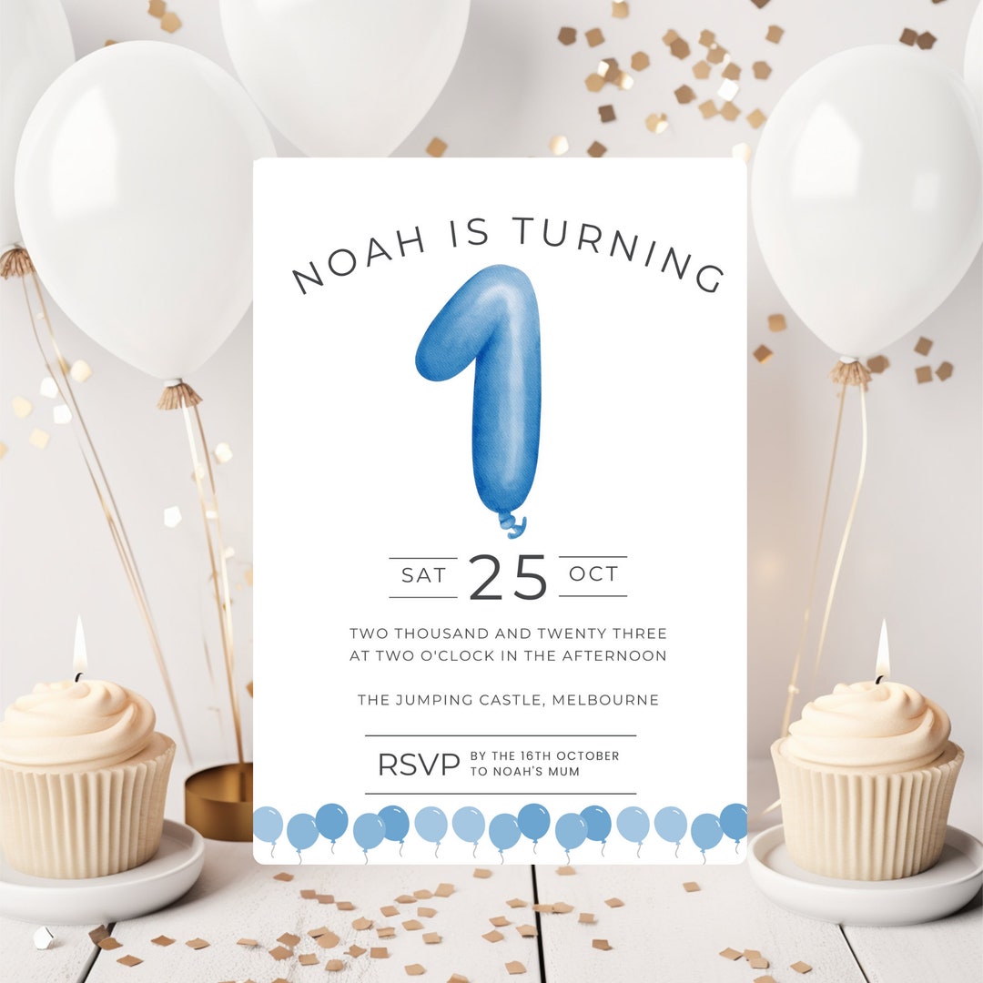 Blue Balloon 1st Birthday Invitation | Instant Download, First Birthday ...