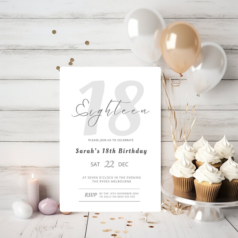 Modern 18th Birthday Invitation | Minimalist Grey Birthday Party Invite ...