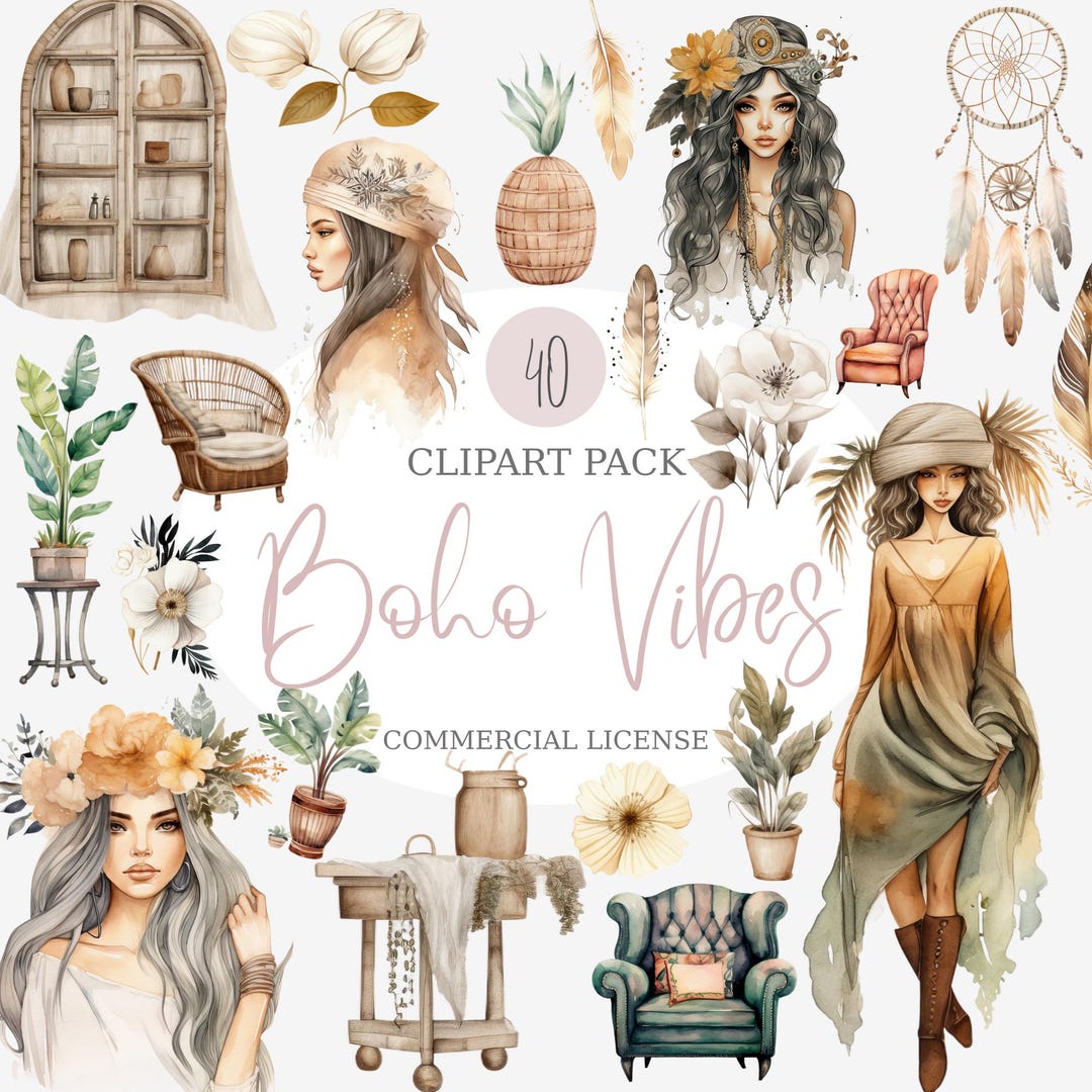 Boho Vibes Clipart Pack, Digital Download, Bohemian Art, Floral ...