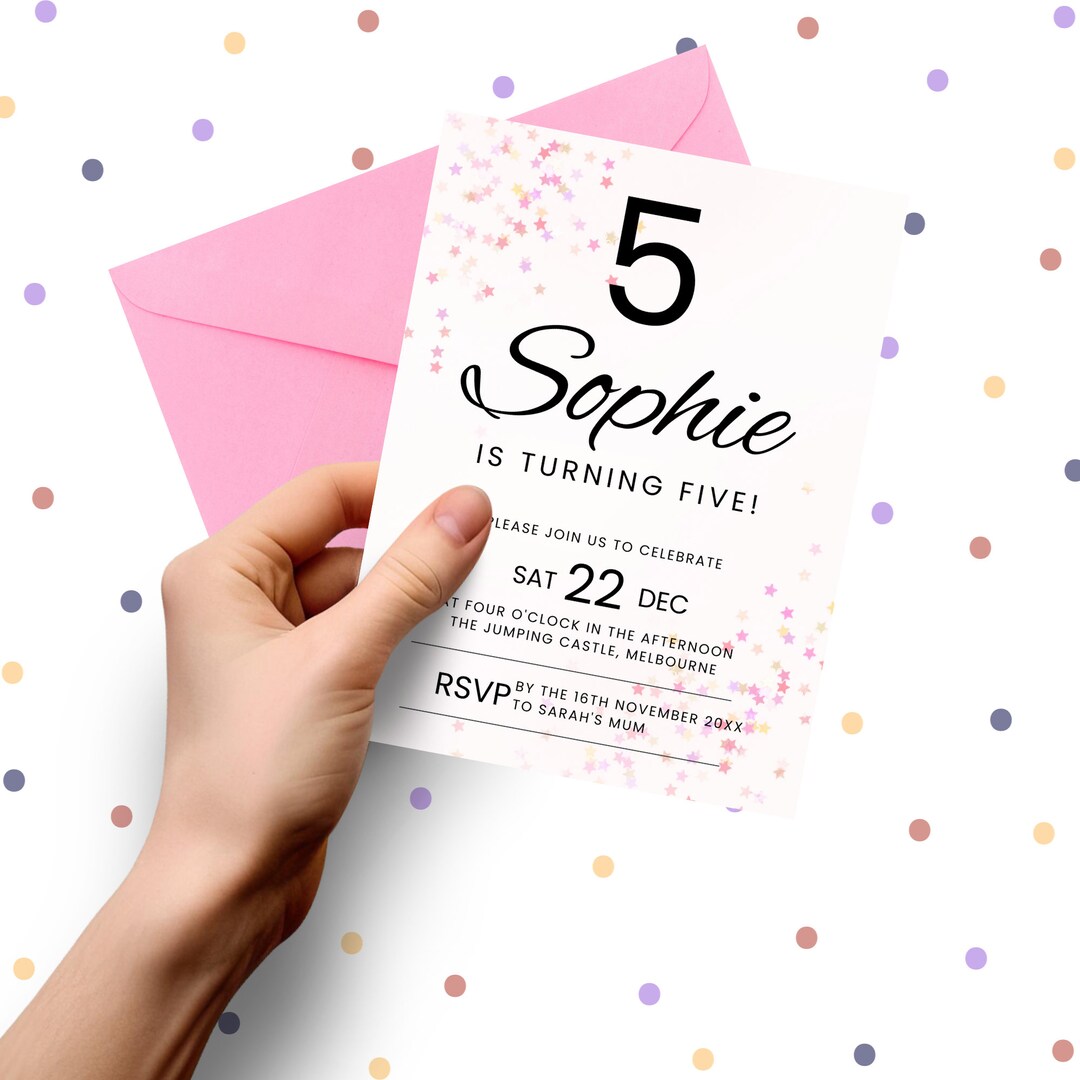 Pink Star Confetti 5th Birthday Invitation, INSTANT DOWNLOAD Fifth ...