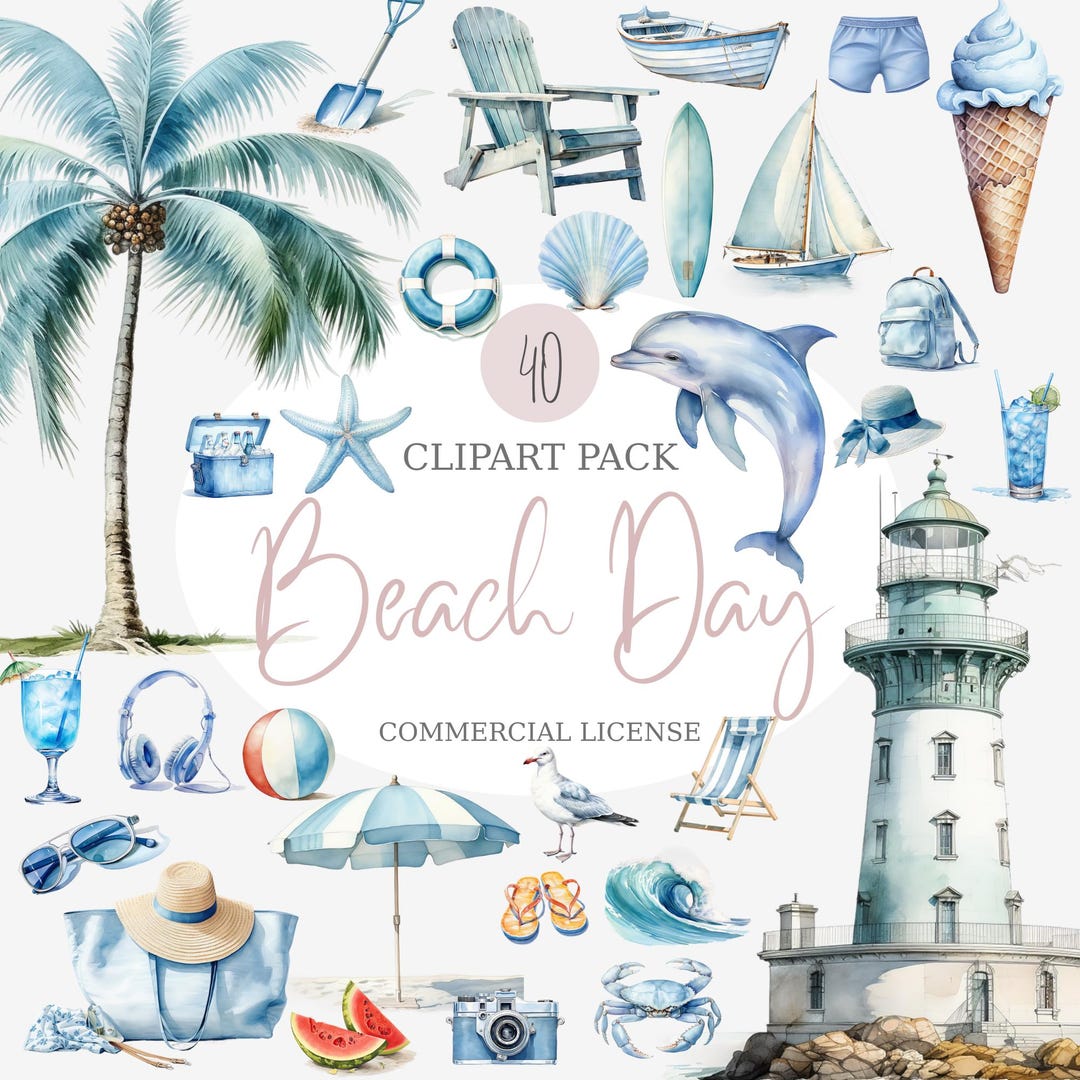 Beach Day Clipart Pack, Digital Download, Ocean Aesthetic Stickers ...