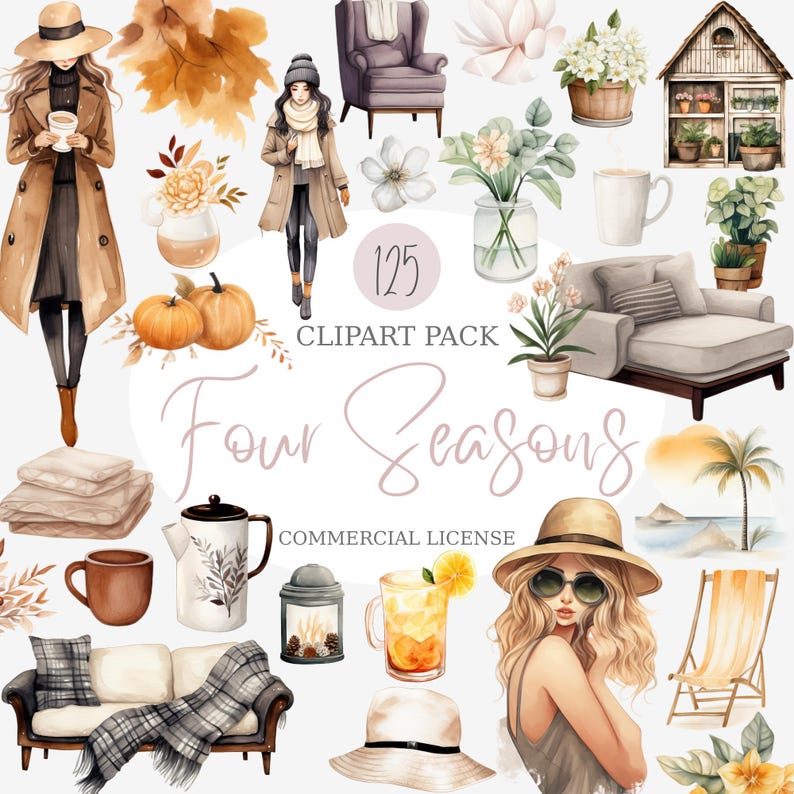 Four Seasons Clipart Pack, Digital Download, Seasonal Illustrations ...