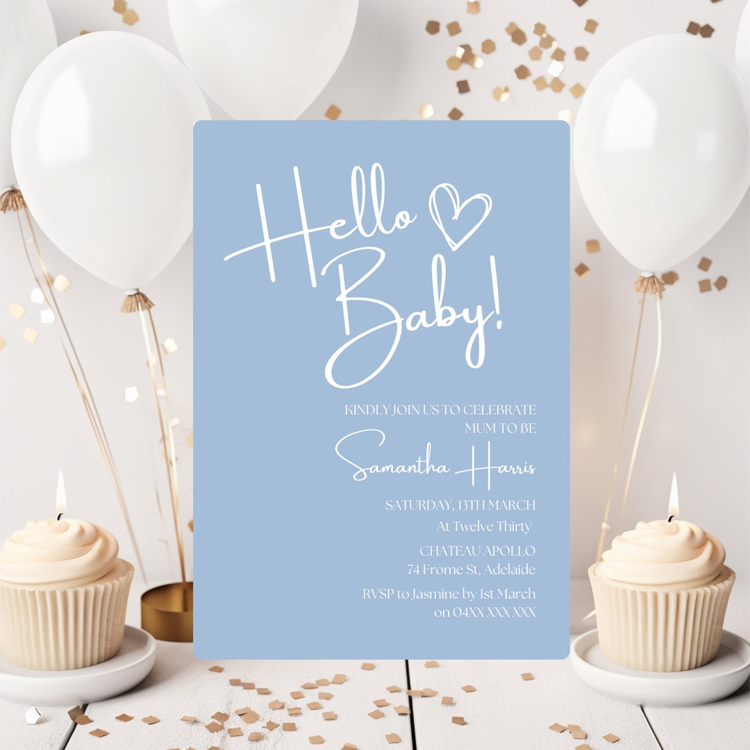 Hello Baby Blue Baby Shower Invitation Template | INSTANT DOWNLOAD ...