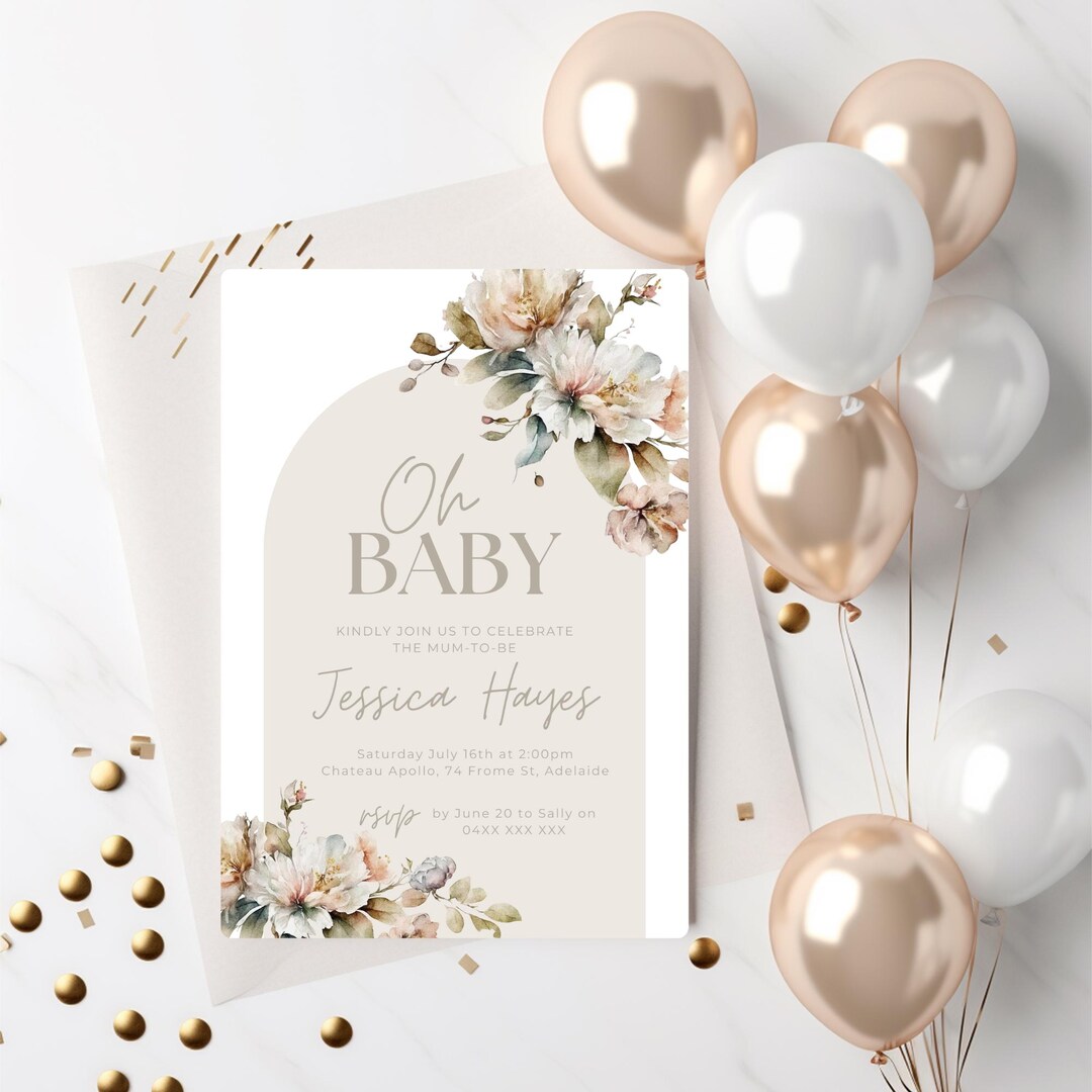 Vintage Floral Baby Shower Invitation, Cream Arch Design, Elegant Baby ...