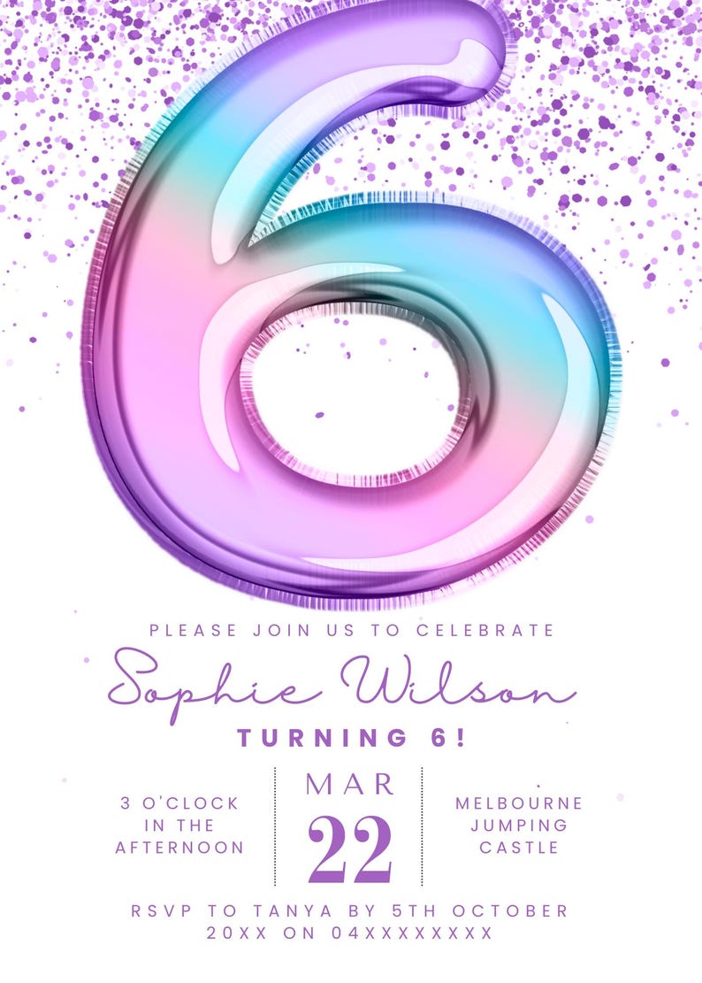 Rainbow 6th Birthday Invitation | INSTANT DOWNLOAD, 6th Birthday Invite ...