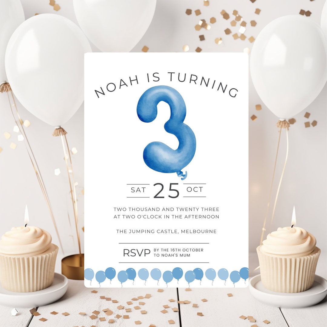 Blue Balloon 3rd Birthday Invitation | INSTANT DOWNLOAD | Third ...