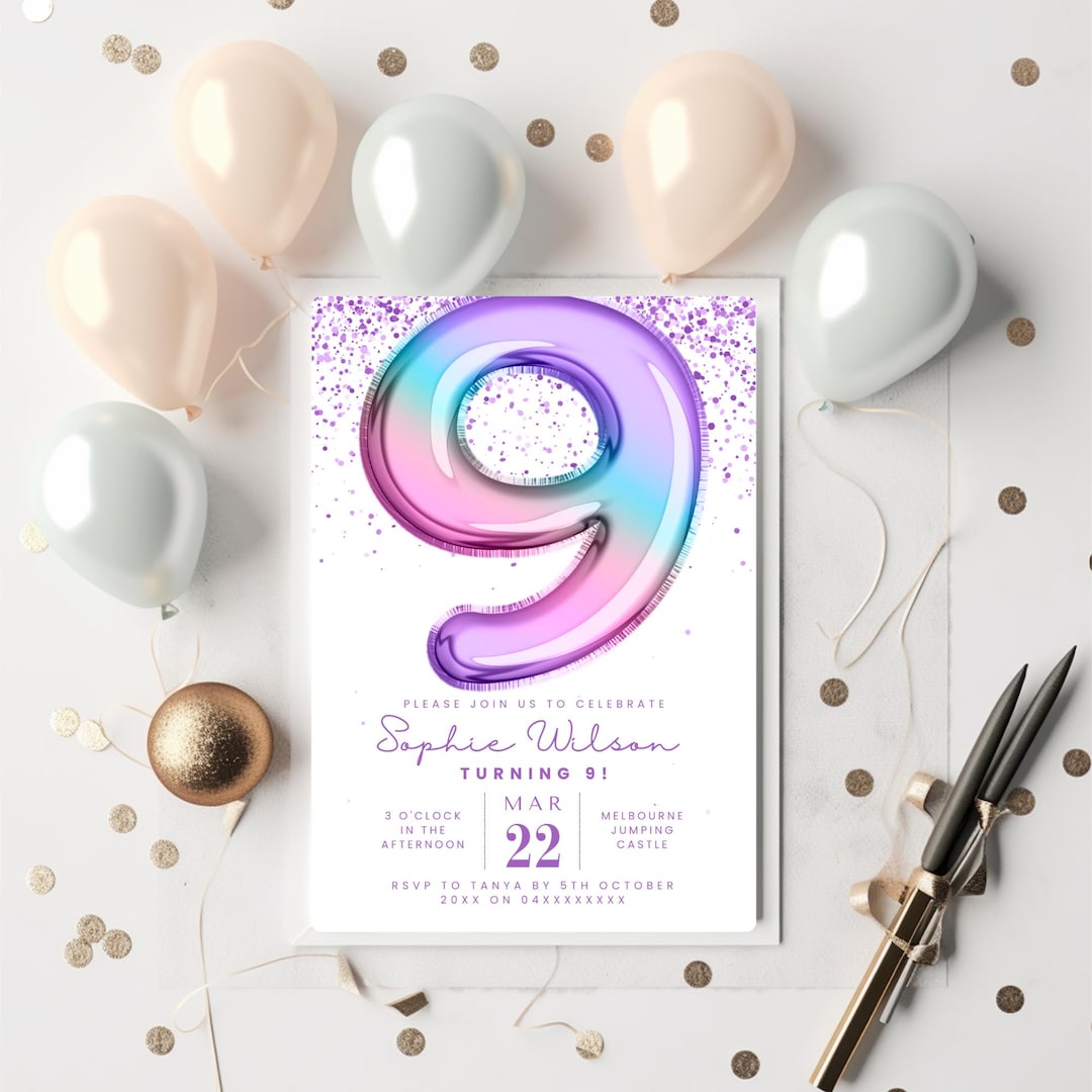 Rainbow 9th Birthday Invitation | INSTANT DOWNLOAD, 9th Birthday Invite ...