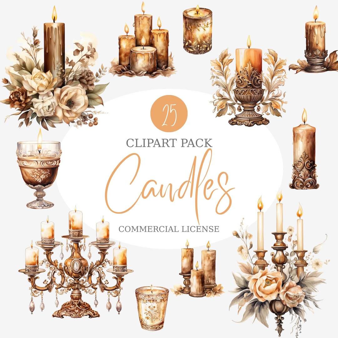 Vintage Candle Clipart Pack, Gold & Orange Digital Stickers, Antique ...