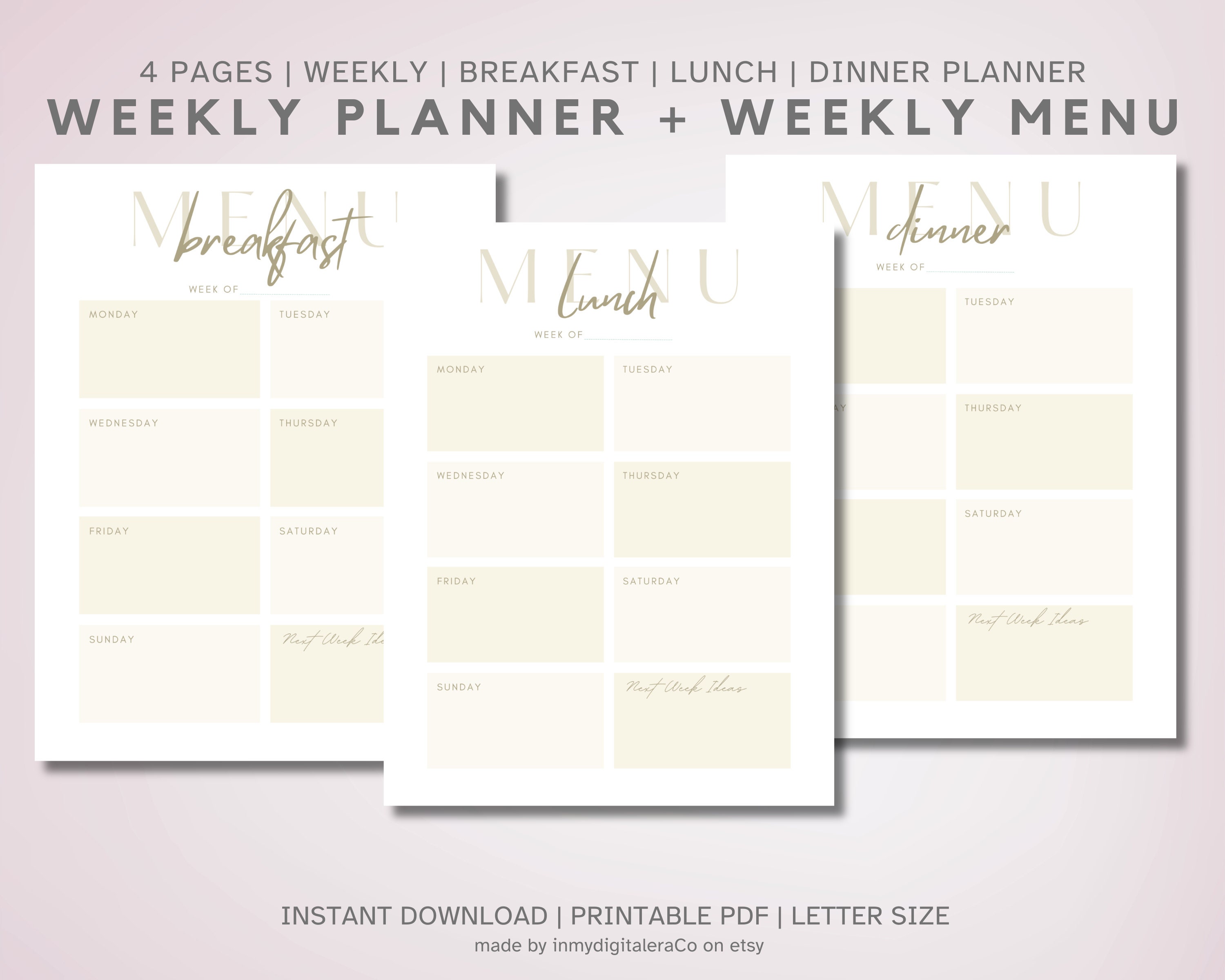 INSTANT DOWNLOAD Printable Weekly Planner + Weekly Menu Planner ...