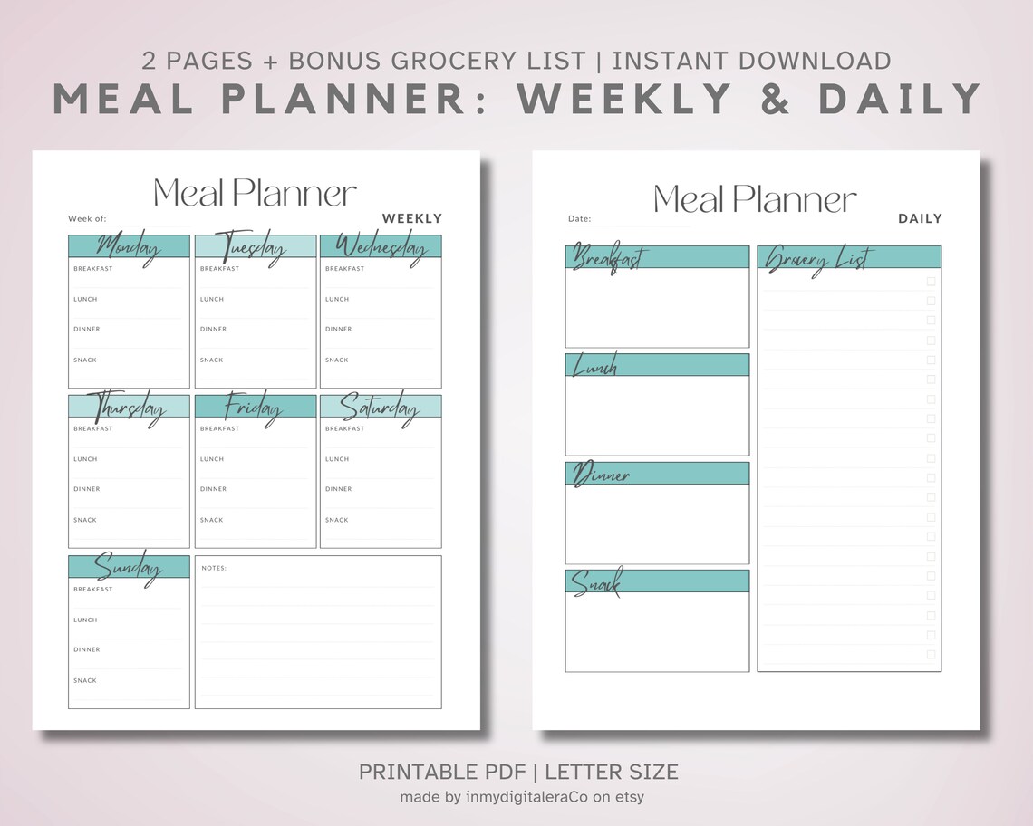 INSTANT DOWNLOAD Printable Menu Planner Download + Weekly Menu Planner ...