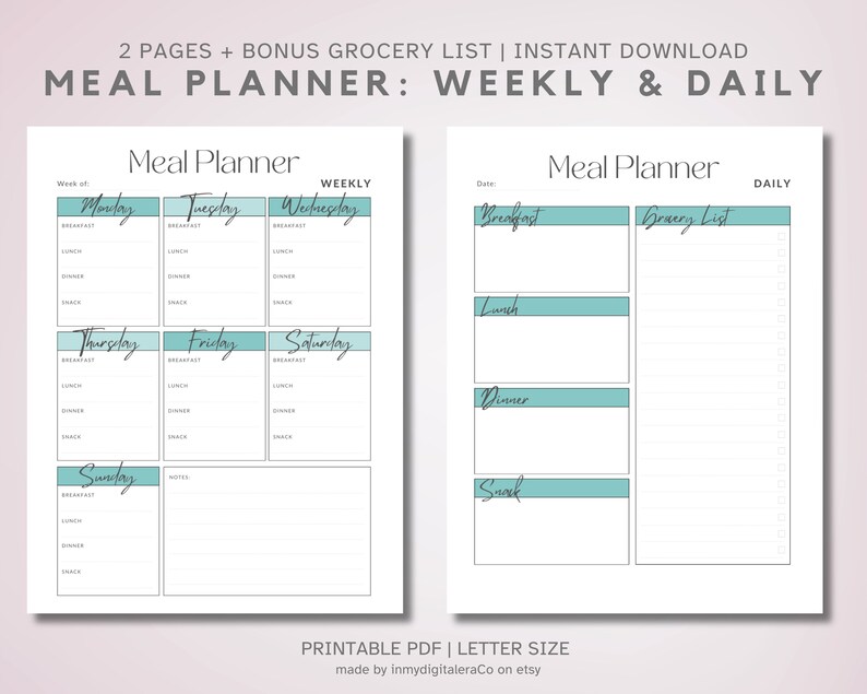 INSTANT DOWNLOAD Printable Menu Planner Download + Weekly Menu Planner ...