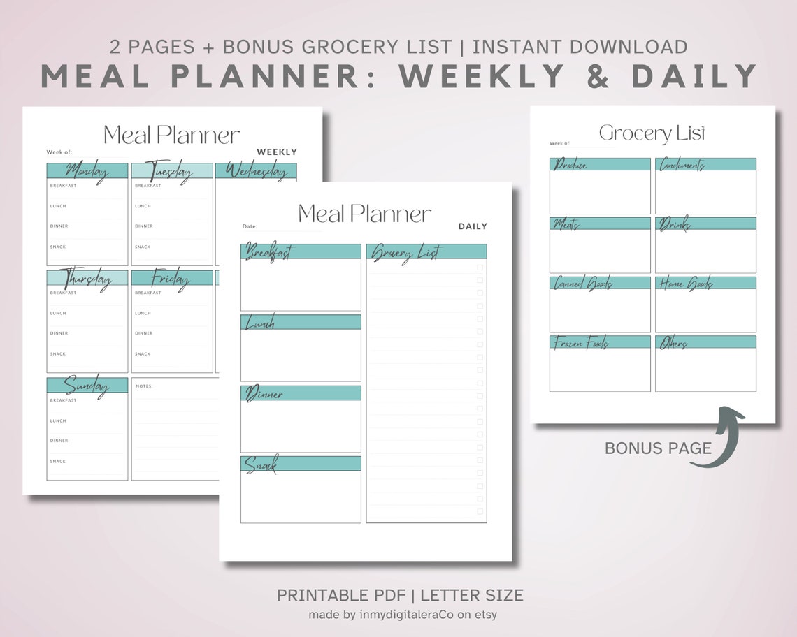 INSTANT DOWNLOAD Printable Menu Planner Download + Weekly Menu Planner ...