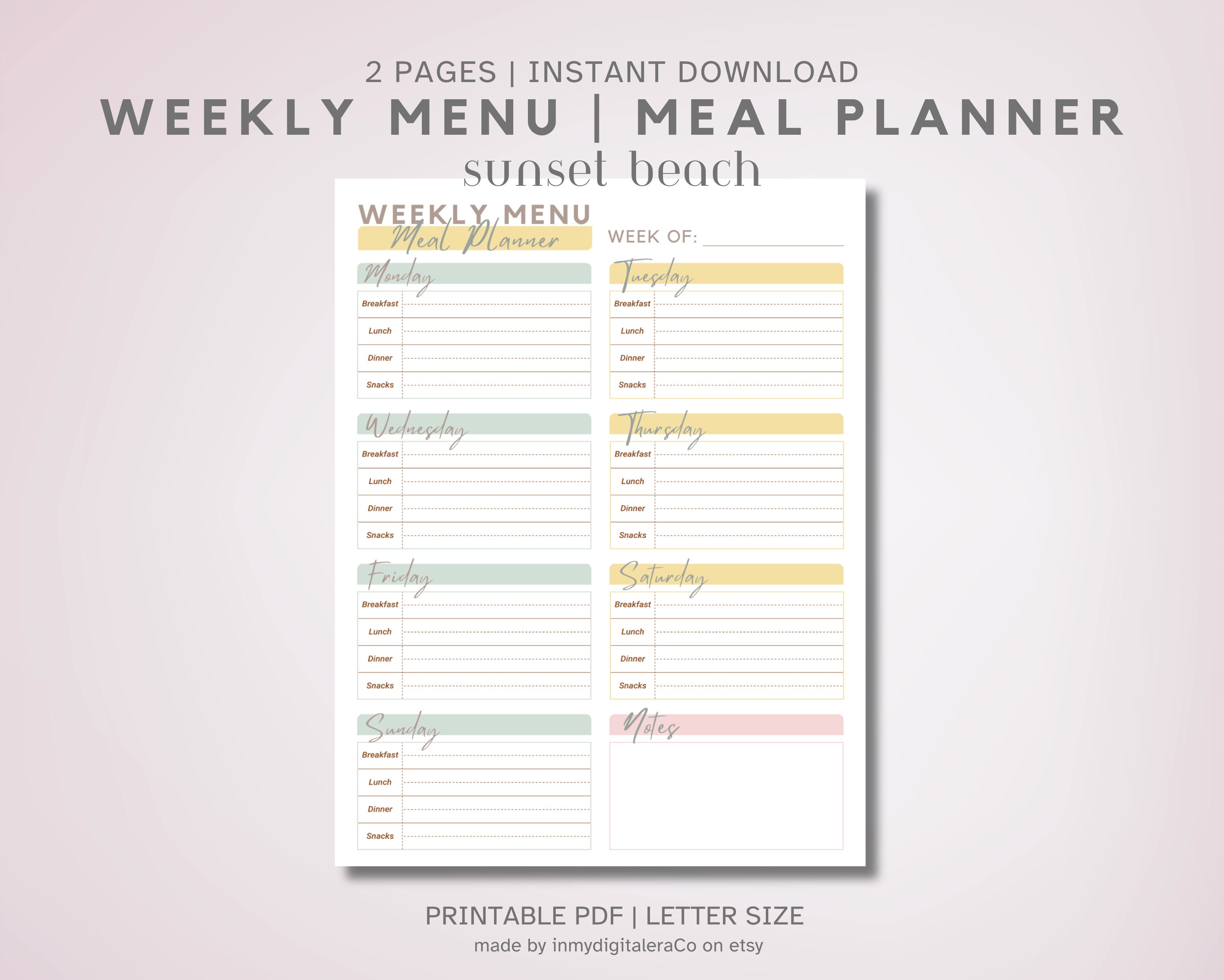 INSTANT DOWNLOAD Printable Menu Download and Weekly Menu Planner ...