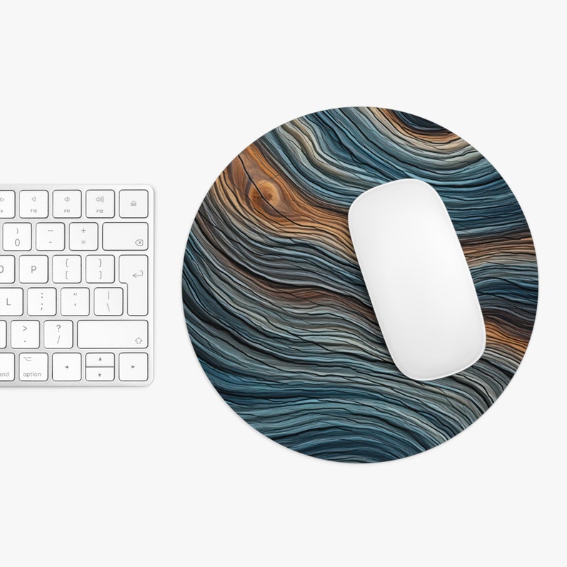 Blue Earth Tones Wavy Wood Tree Grain Line Pattern Round or Rectangle ...