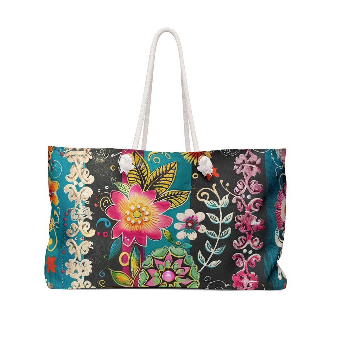 Mexican Vintage Folk Art Pattern, Rope Handle 24 X 13 Inch Spun ...