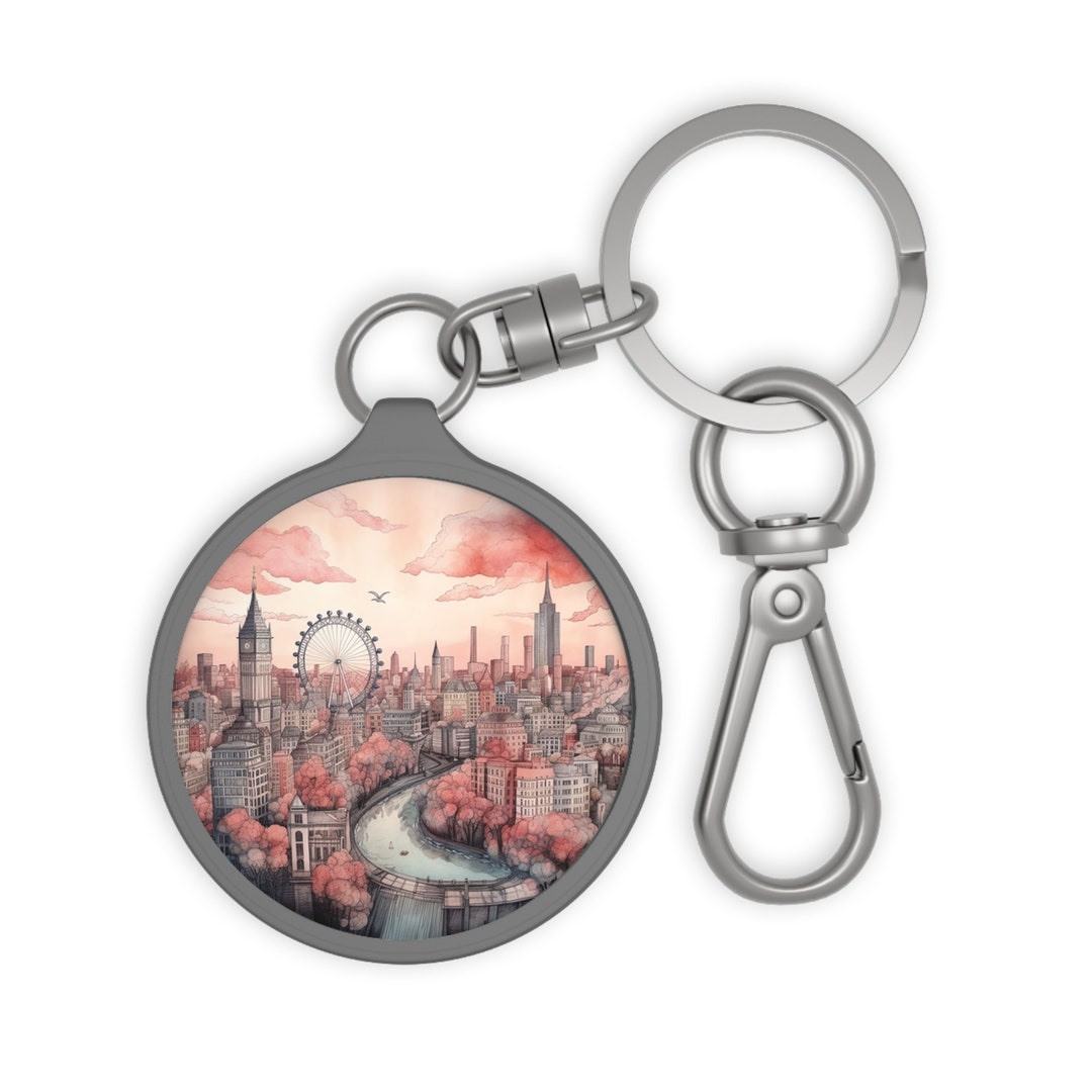 LONDON ENGLAND City Skyline UK Travel Round Acrylic Metal Keyring Tag ...