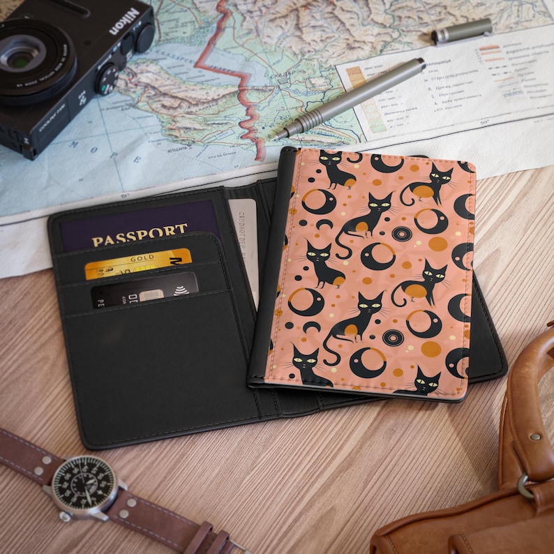 Retro Black Cat Themed Passport Cover, Travel Accessory, RFID Blocking ...