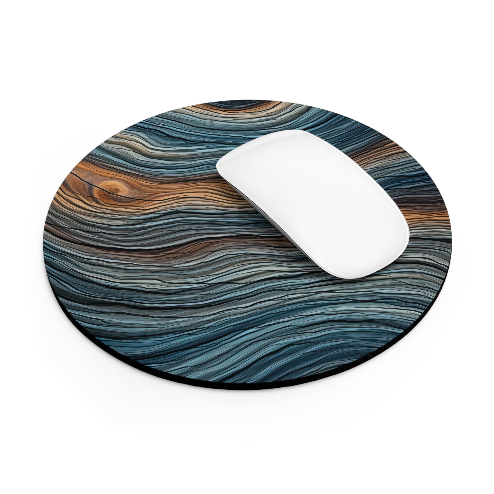 Blue Earth Tones Wavy Wood Tree Grain Line Pattern Round or Rectangle ...