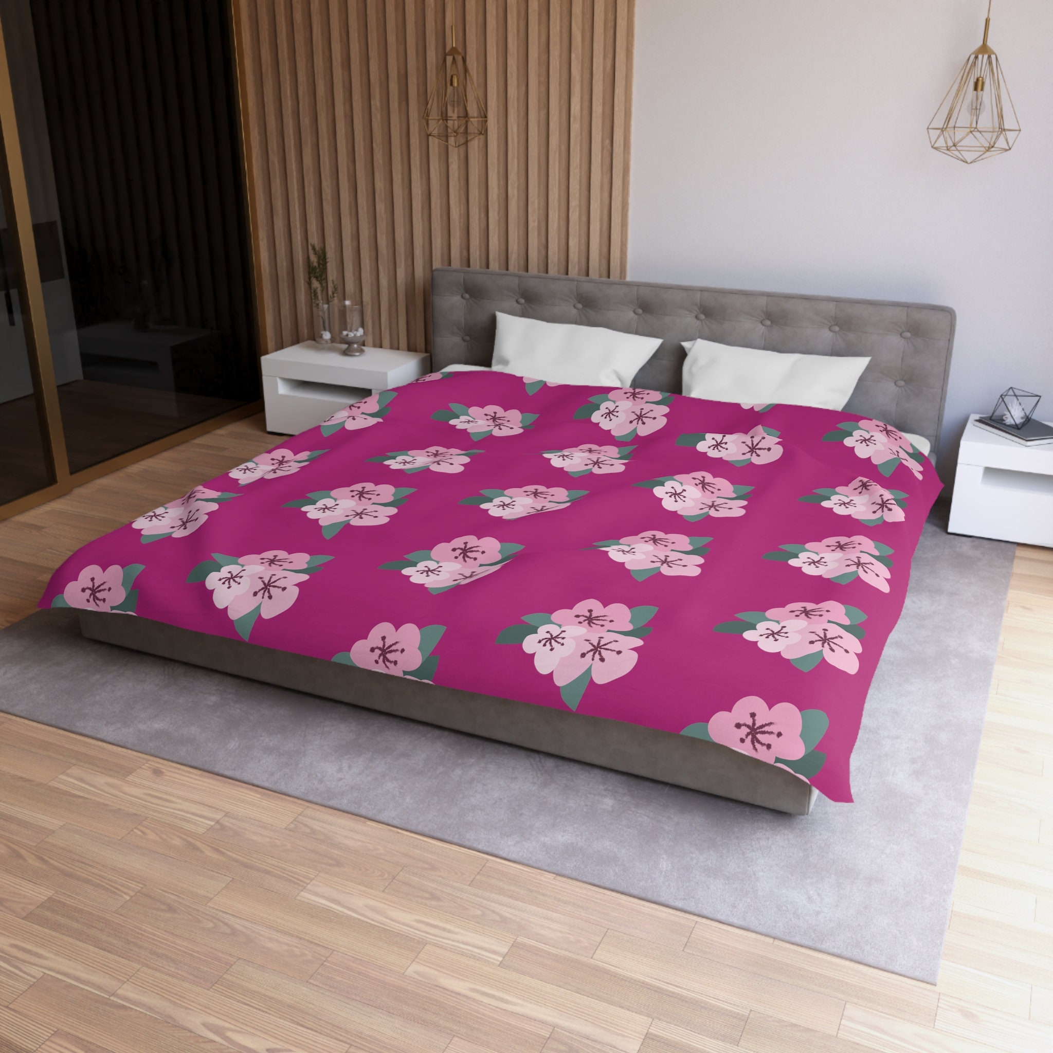 Microfiber Duvet Cover Berry Pink Sakura Japanese Cherry Blossoms ...