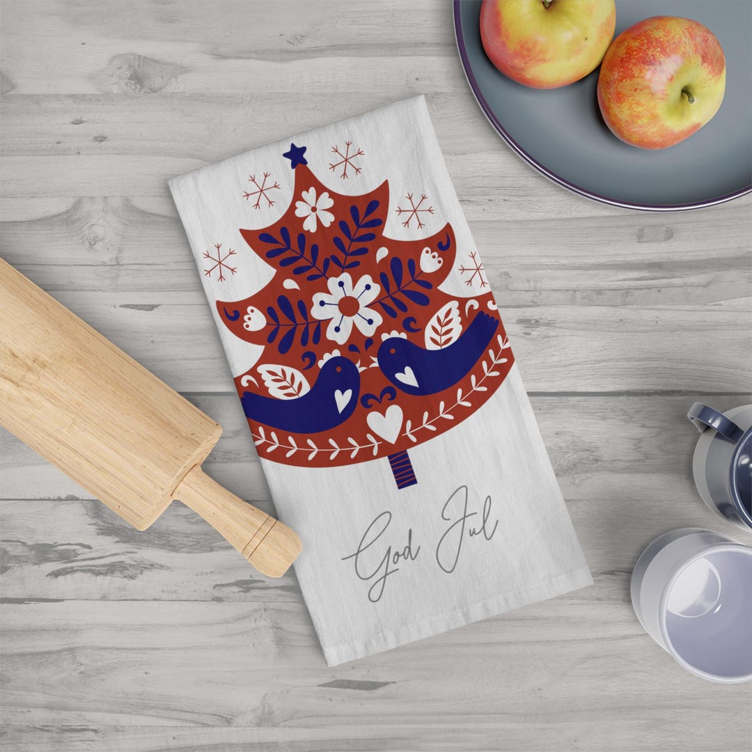 God Jul Nordic Folk Art Tree - 28 Inch Square Cotton Tea Towel ...