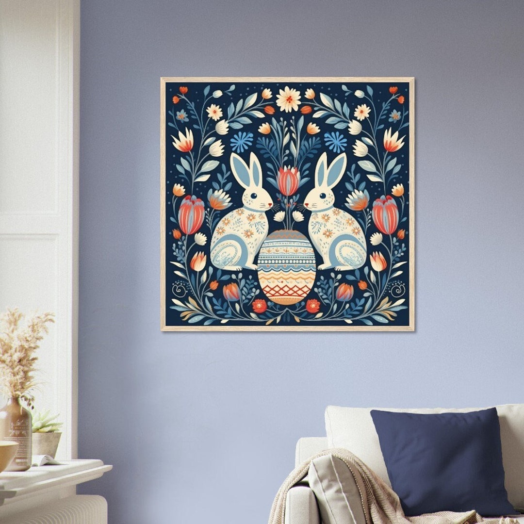 BUNNY RABBITS Nordic Folk Art Print Premium Matte Paper Wooden Framed ...