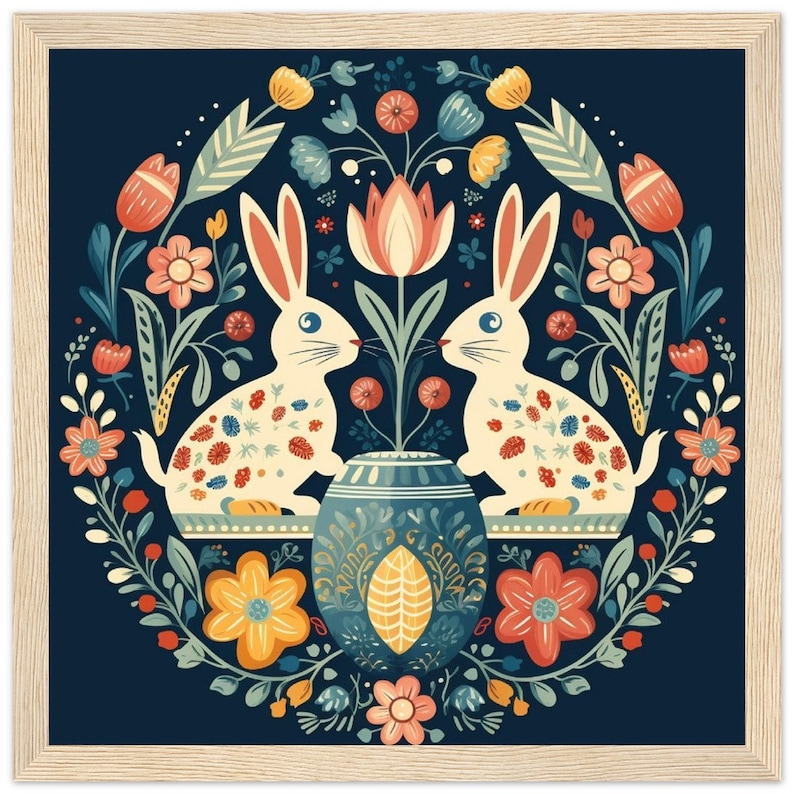 BUNNY RABBITS Nordic Folk Art Print Premium Matte Paper Pine Wood ...