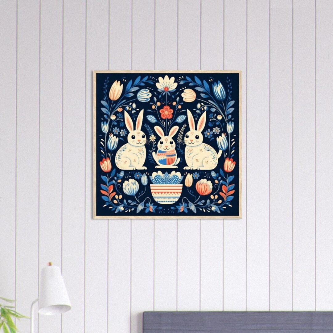 BUNNY RABBITS Nordic Folk Art Print Premium Matte Paper Pine Wood ...