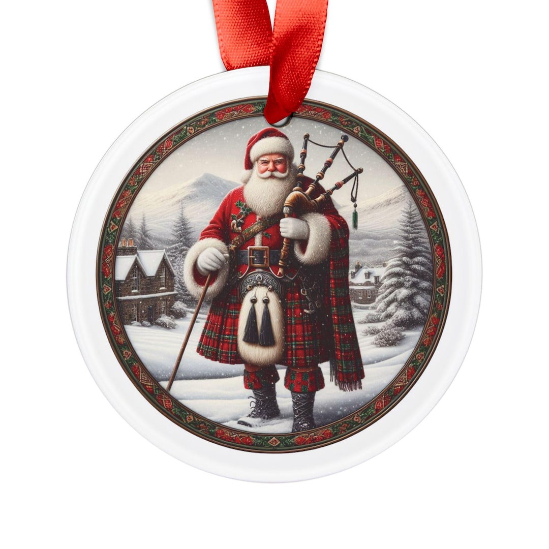 Scottish Santa With Bagpipe, Scotland Inspired Round Acrylic Ornament ...