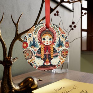 Finnish Folk Art Style Round Acrylic Ornament, Holiday Decoration ...