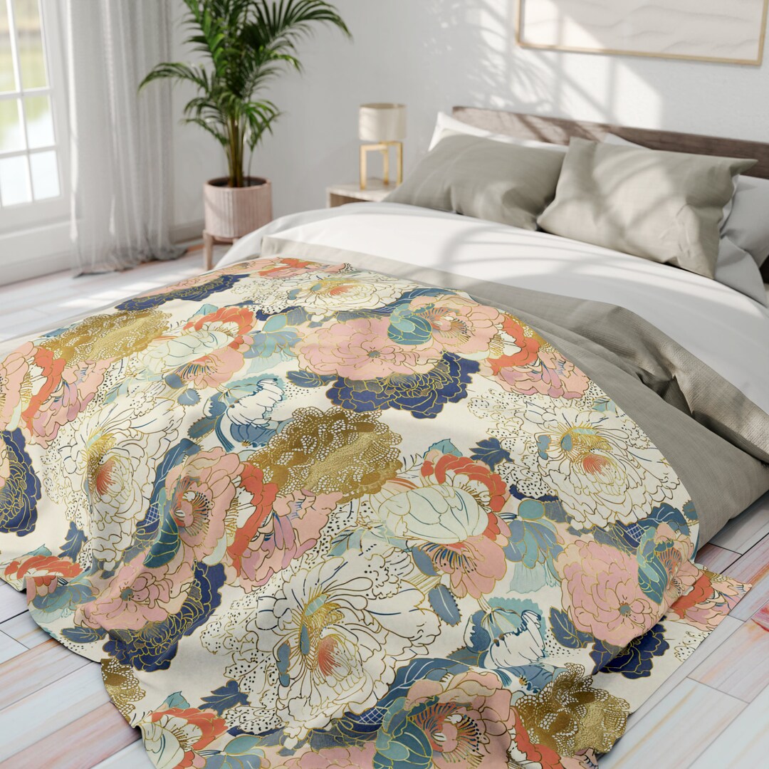 Japanese Floral Pattern Arctic Fleece Blanket Couch Throw 3 Sizes ...