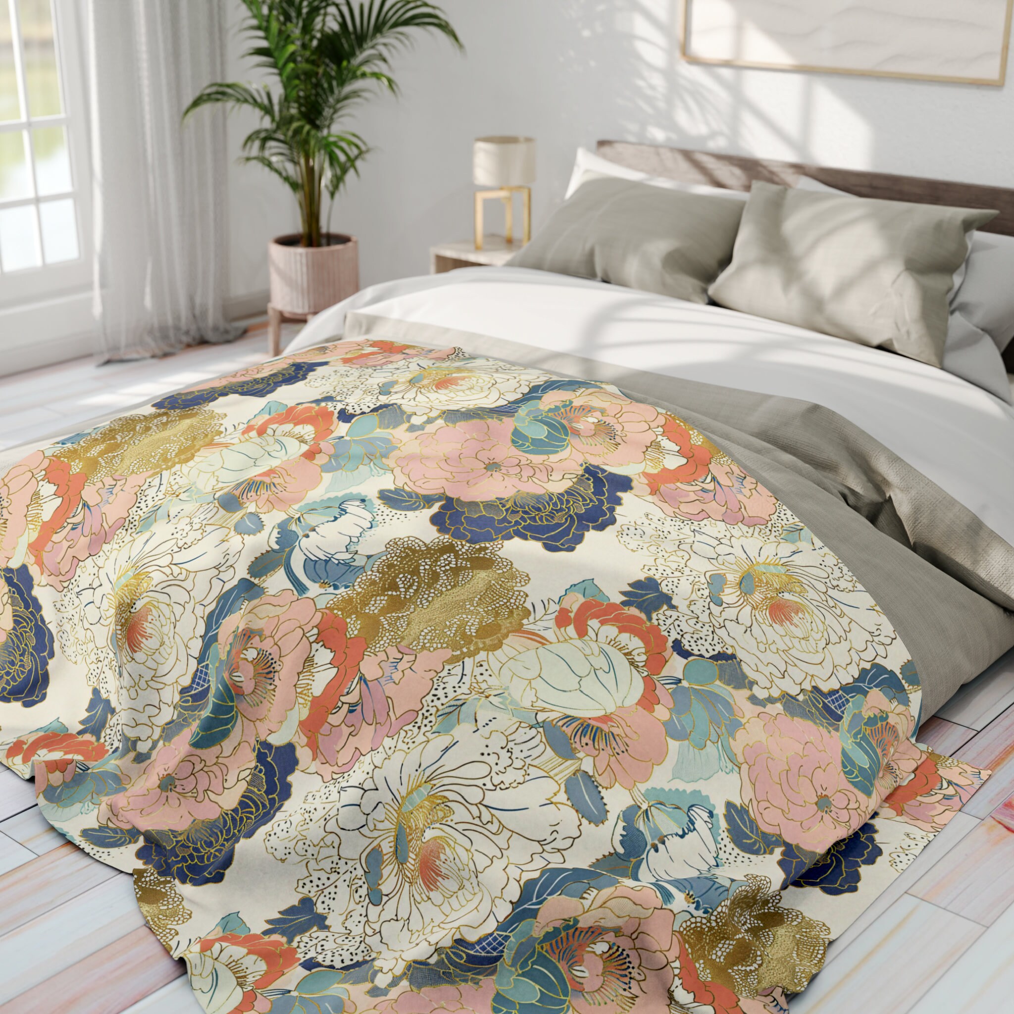 Japanese Floral Pattern Arctic Fleece Blanket Couch Throw 3 Sizes ...