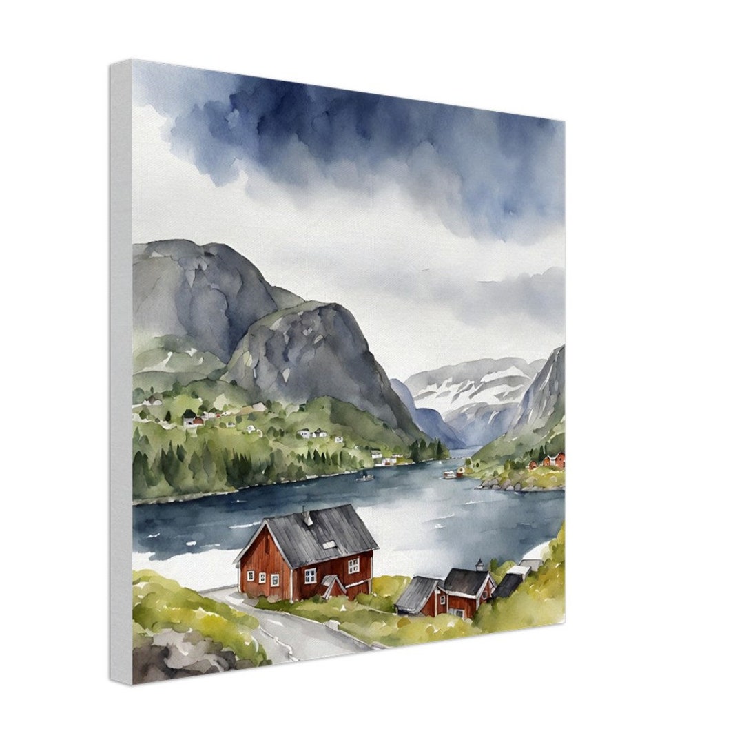 NORWAY Mountains Fjord Red House Square Canvas Print Various Sizes Eco ...