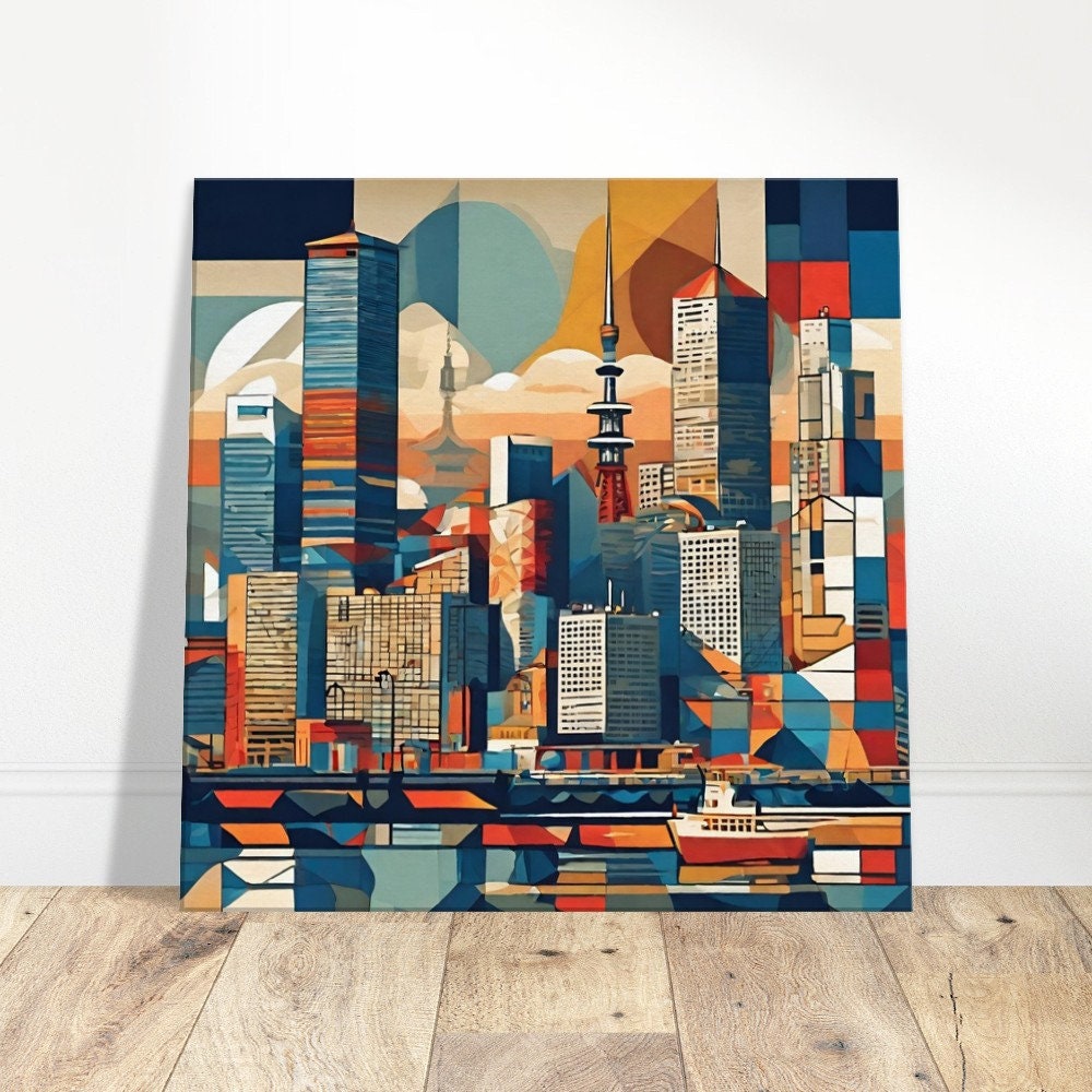 YOKOHAMA JAPAN City Skyline Cubist Style Wall Art Slim Stretched Canvas ...
