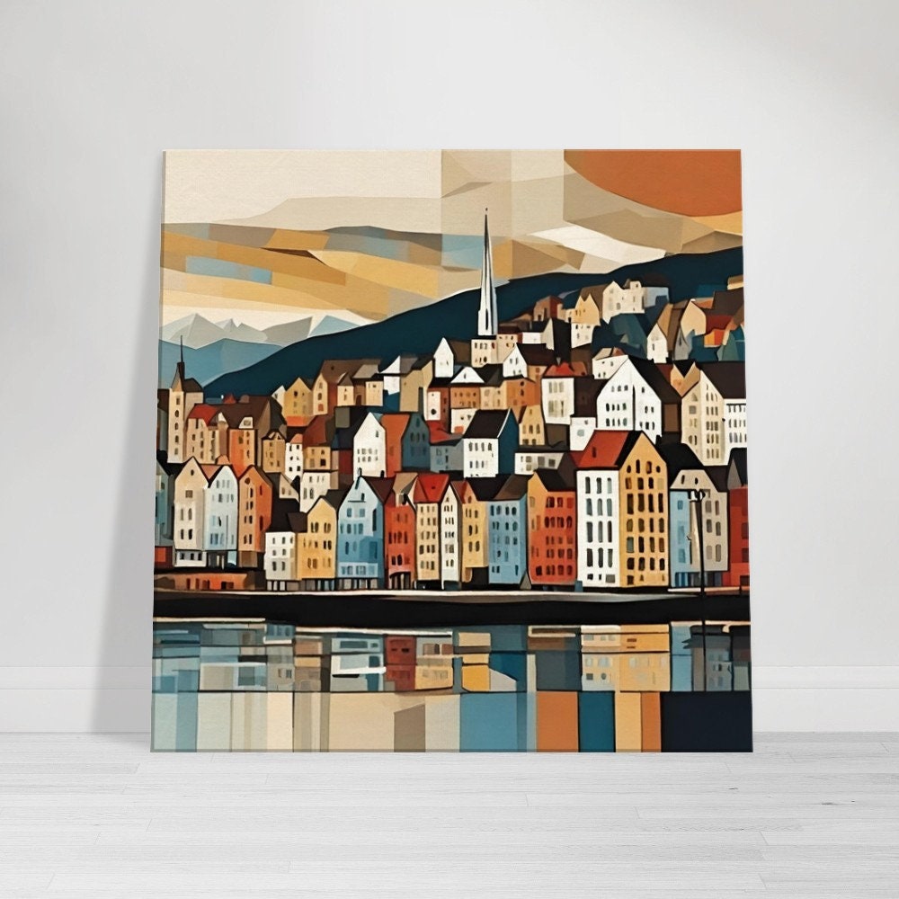 BERGEN NORWAY City Skyline Cubist Style Wall Art Slim Stretched Canvas ...
