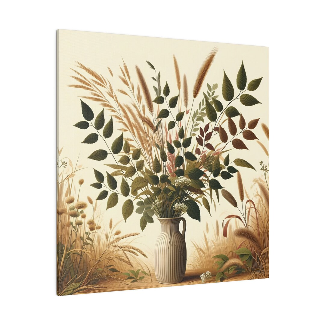 Field Grass and Leaves Bouquet 0.75" Stretched Matte Canvas Square Wall ...