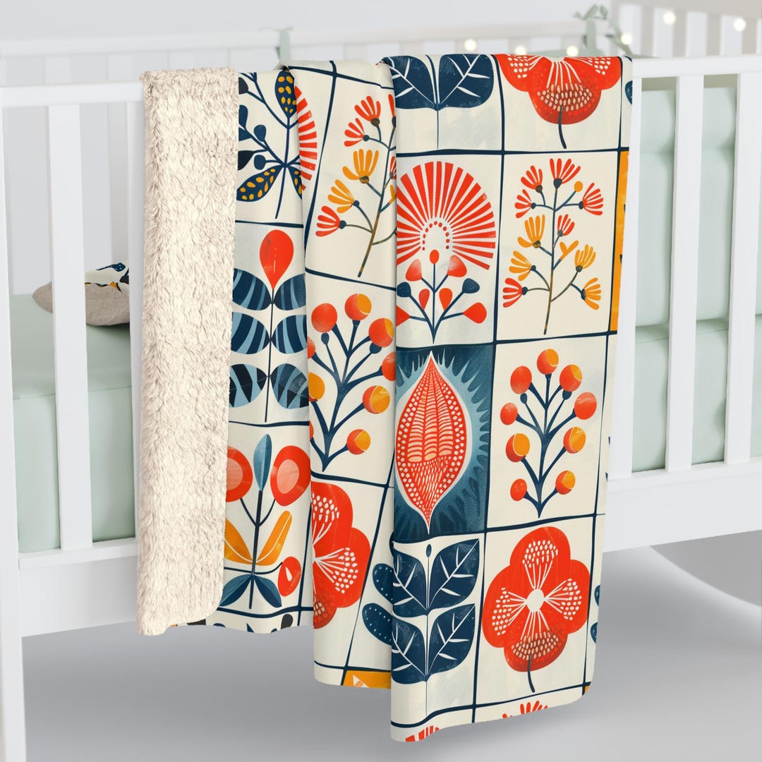 Nordic Floral Patchwork Folk Art Pattern, Cozy Sherpa Fleece Blanket ...