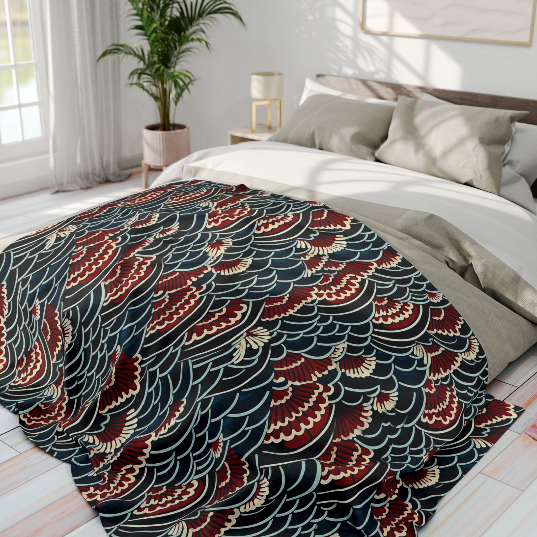 Japanese Floral Wave Pattern Arctic Fleece Blanket Couch Throw 3 Sizes Bedding Boho Japan ...