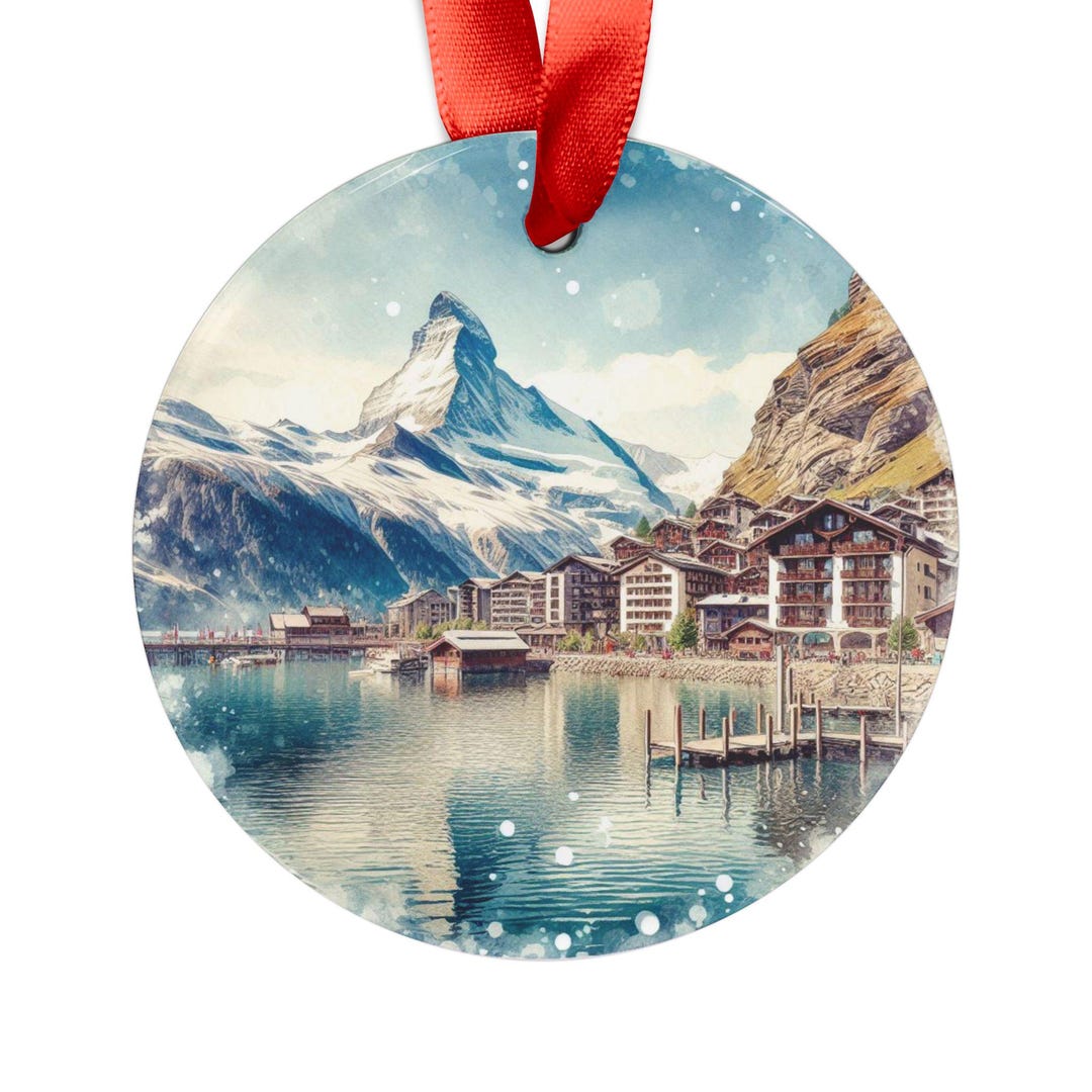 ZERMATT SWITZERLAND City Skyline, Swiss Travel Round Acrylic Ornament ...
