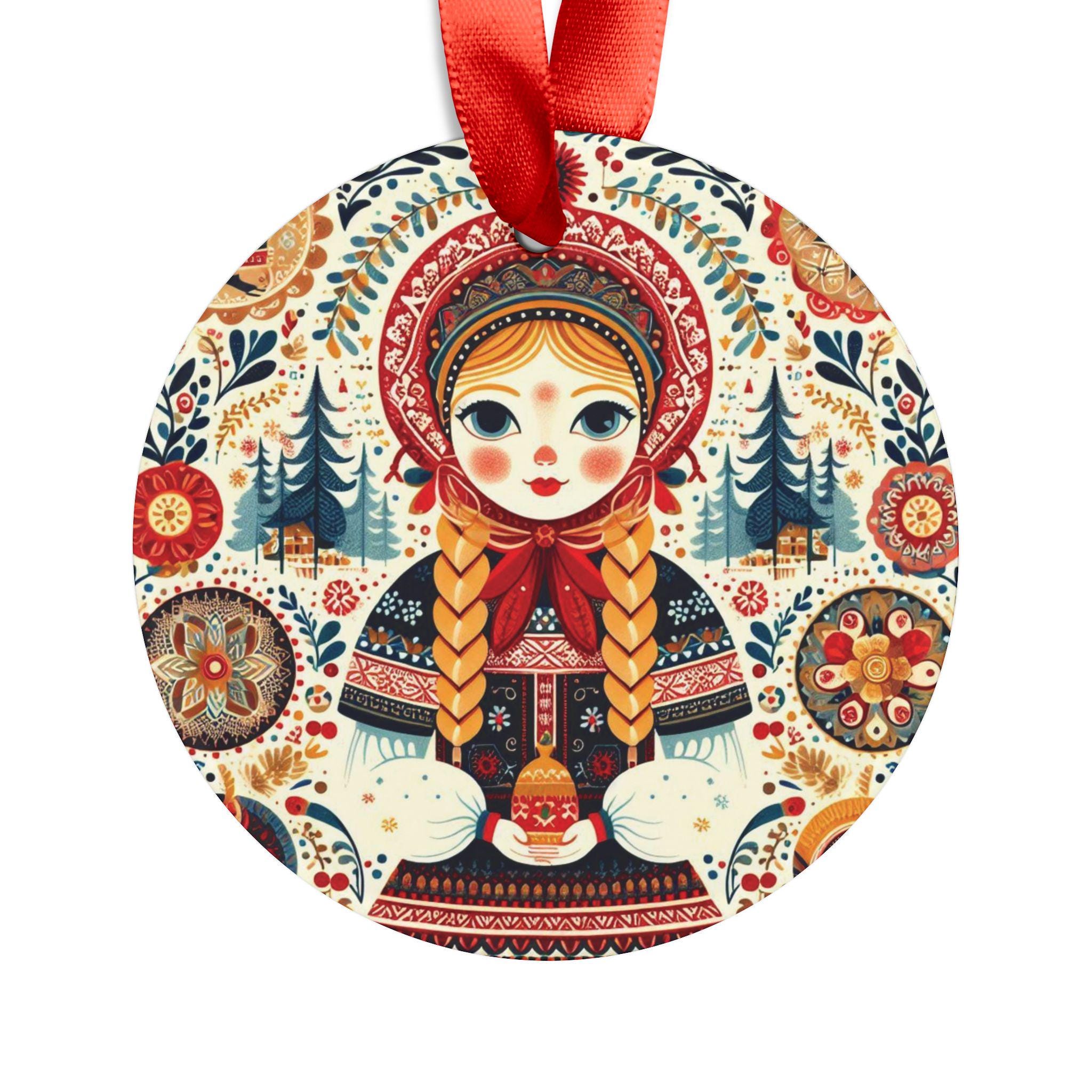 Finnish Folk Art Style Round Acrylic Ornament, Holiday Decoration ...