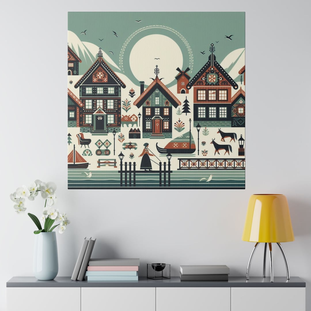 Folk Art Inspired NORWAY Norwegian Village in Winter 0.75" Stretched ...