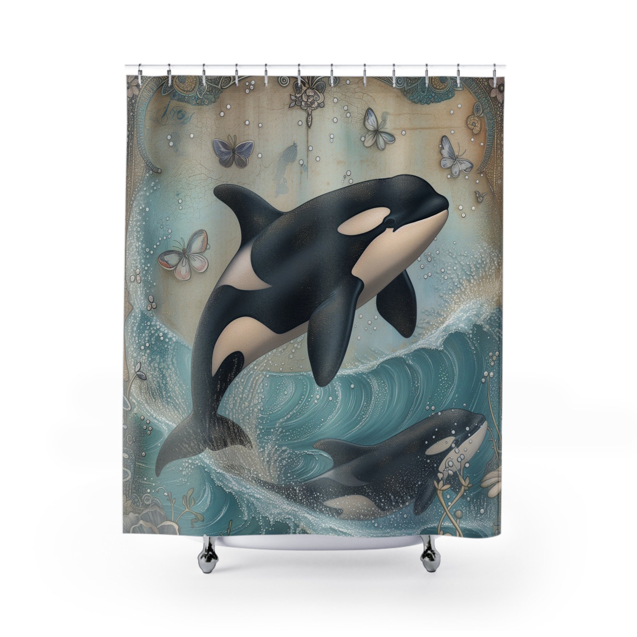 ORCA WHALES Whale Pattern Polyester 71 X 74 Inch Shower Curtain Boho ...