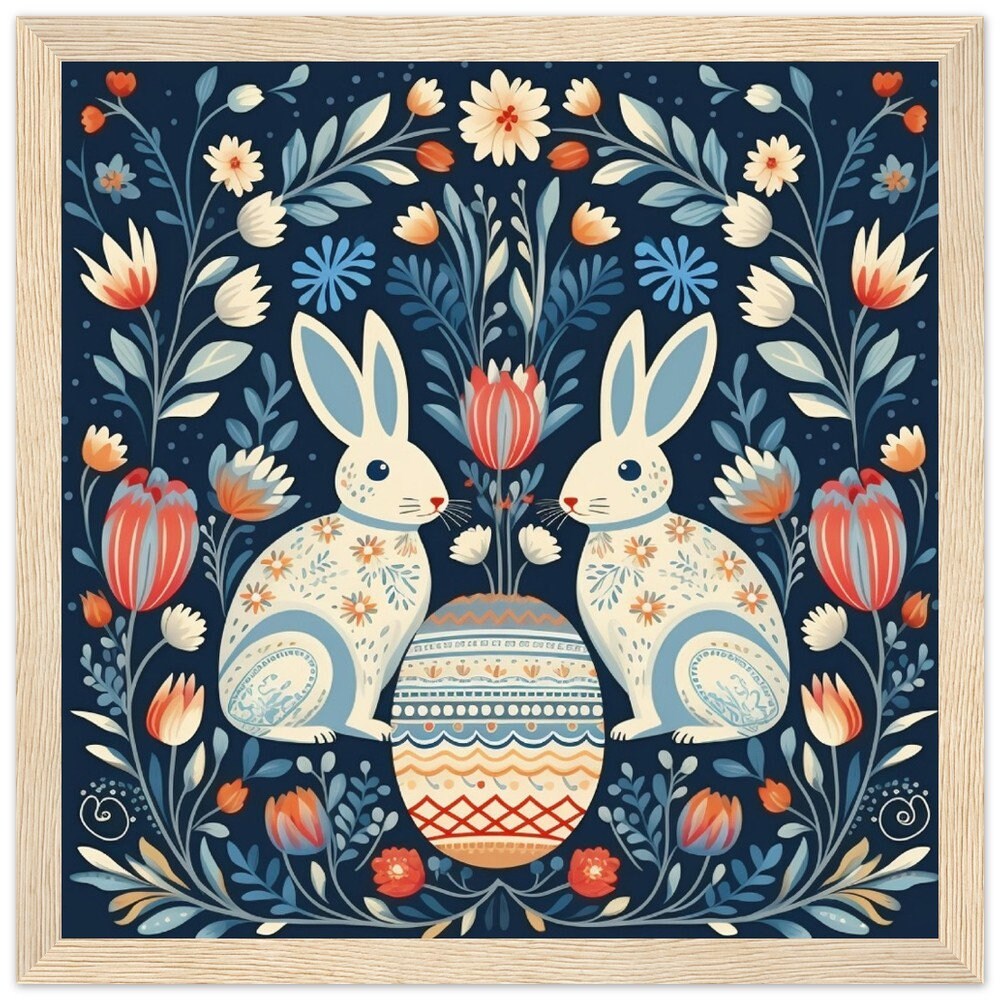 BUNNY RABBITS Nordic Folk Art Print Premium Matte Paper Wooden Framed ...